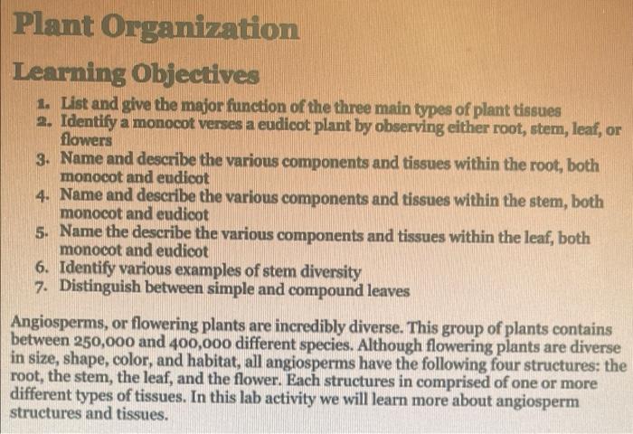 Solved Plant Organization Learning Objectives 1. List and | Chegg.com
