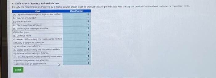 Solved Classification of Product and Period Costs Classify | Chegg.com