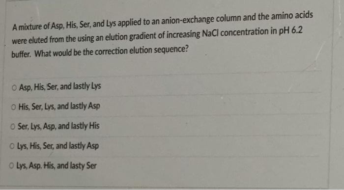Solved A mixture of Asp, His, Ser, and Lys applied to an | Chegg.com