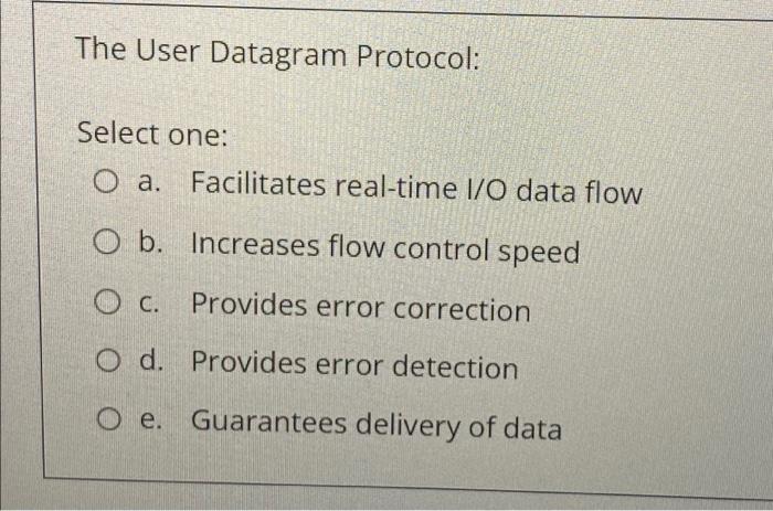 Solved The User Datagram Protocol: Select one: a. | Chegg.com
