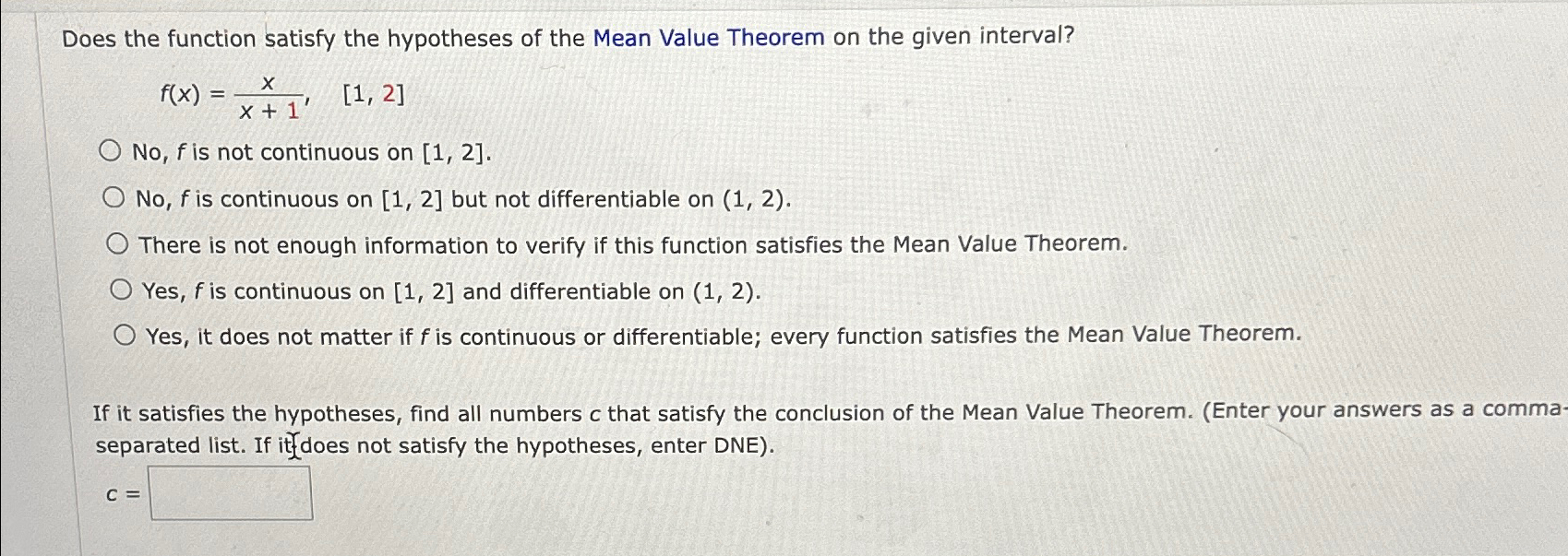 Solved Does the function satisfy the hypotheses of the Mean | Chegg.com