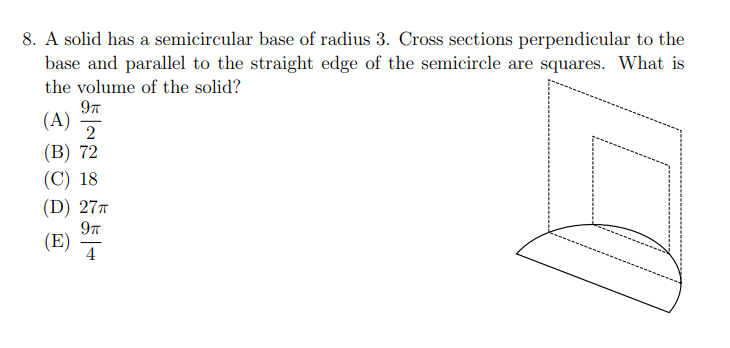 Solved A solid has a semicircular base of ﻿radius 3 . ﻿Cross | Chegg.com