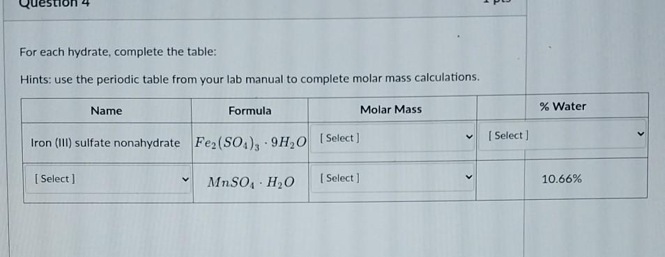 Solved For each hydrate, complete the table: Hints: use the | Chegg.com