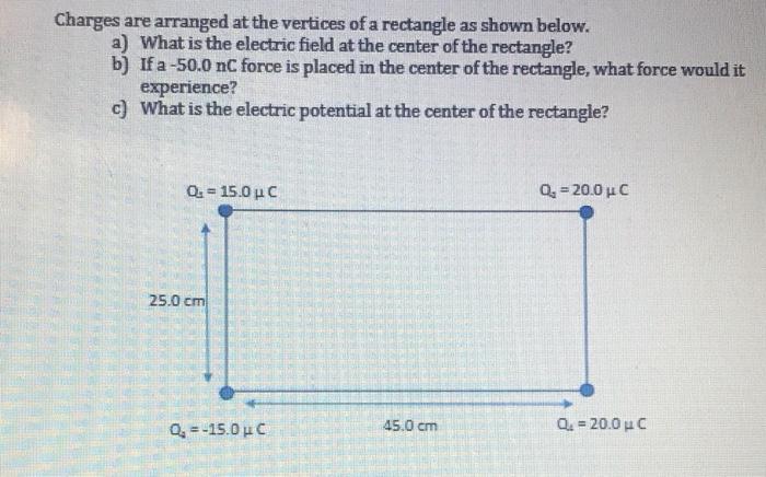 Solved Charges are arranged at the vertices of a rectangle | Chegg.com