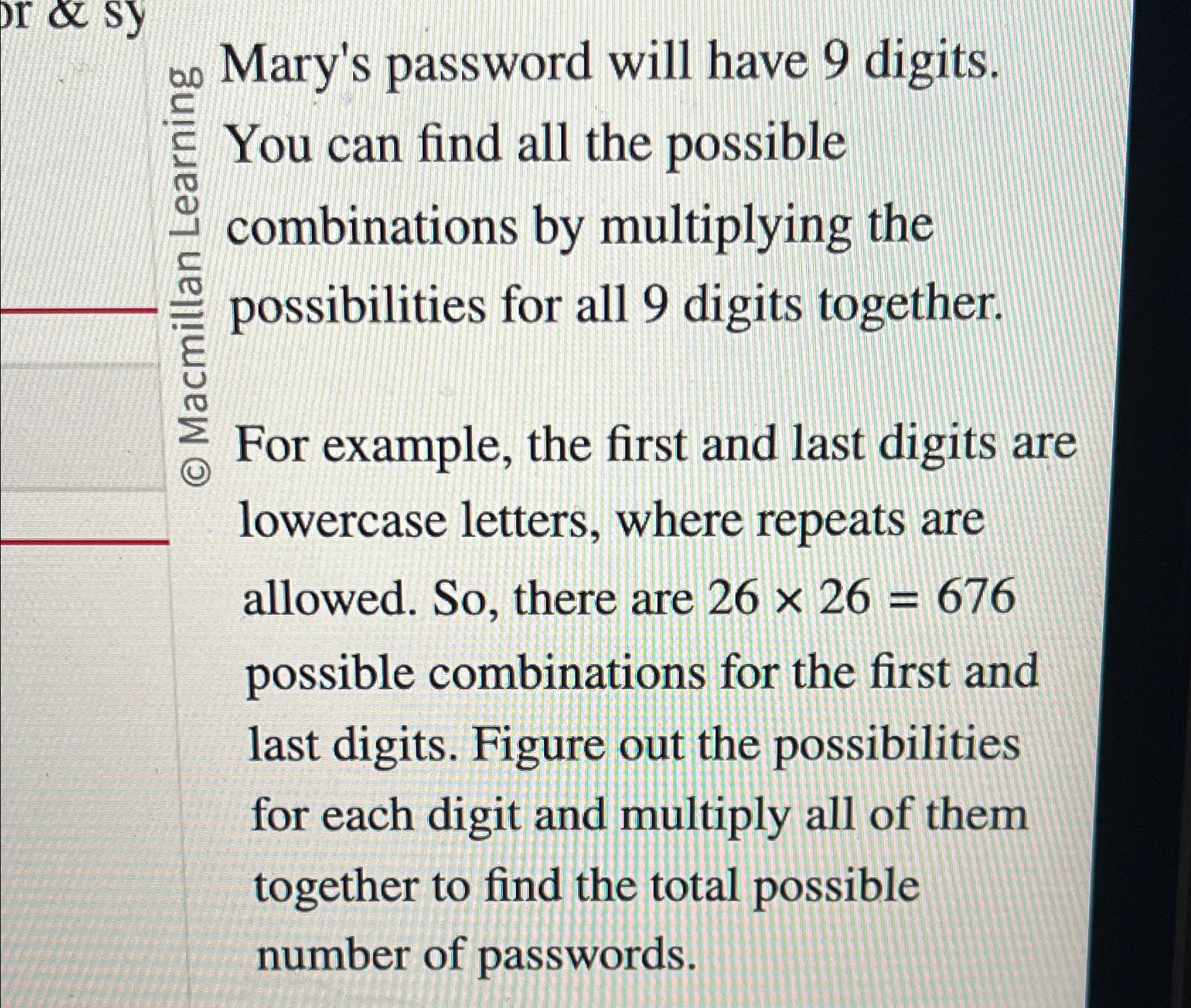 Solved ?0 ﻿Mary's password will have 9 ﻿digits.You can find | Chegg.com