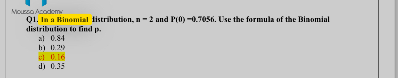 Solved Moussa AcademvQ1. ﻿In a Binomial distribution, n=2 | Chegg.com