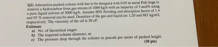 Solved Q2) Adsorption packed column with has to be designed | Chegg.com