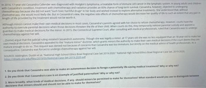 Solved In 2014, 17-year-old Cassandra Callender was | Chegg.com