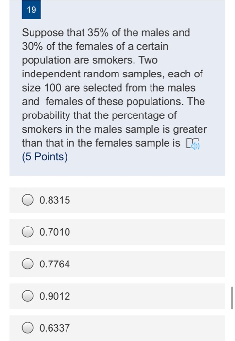 Solved 19 Suppose that 35% of the males and 30% of the | Chegg.com