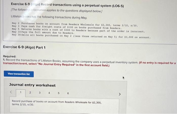 Solved Exercise 6-9 (Algo) Record transactions using a | Chegg.com Solved Exercise 6-9 (Algo) Record transactions using a | Chegg.com