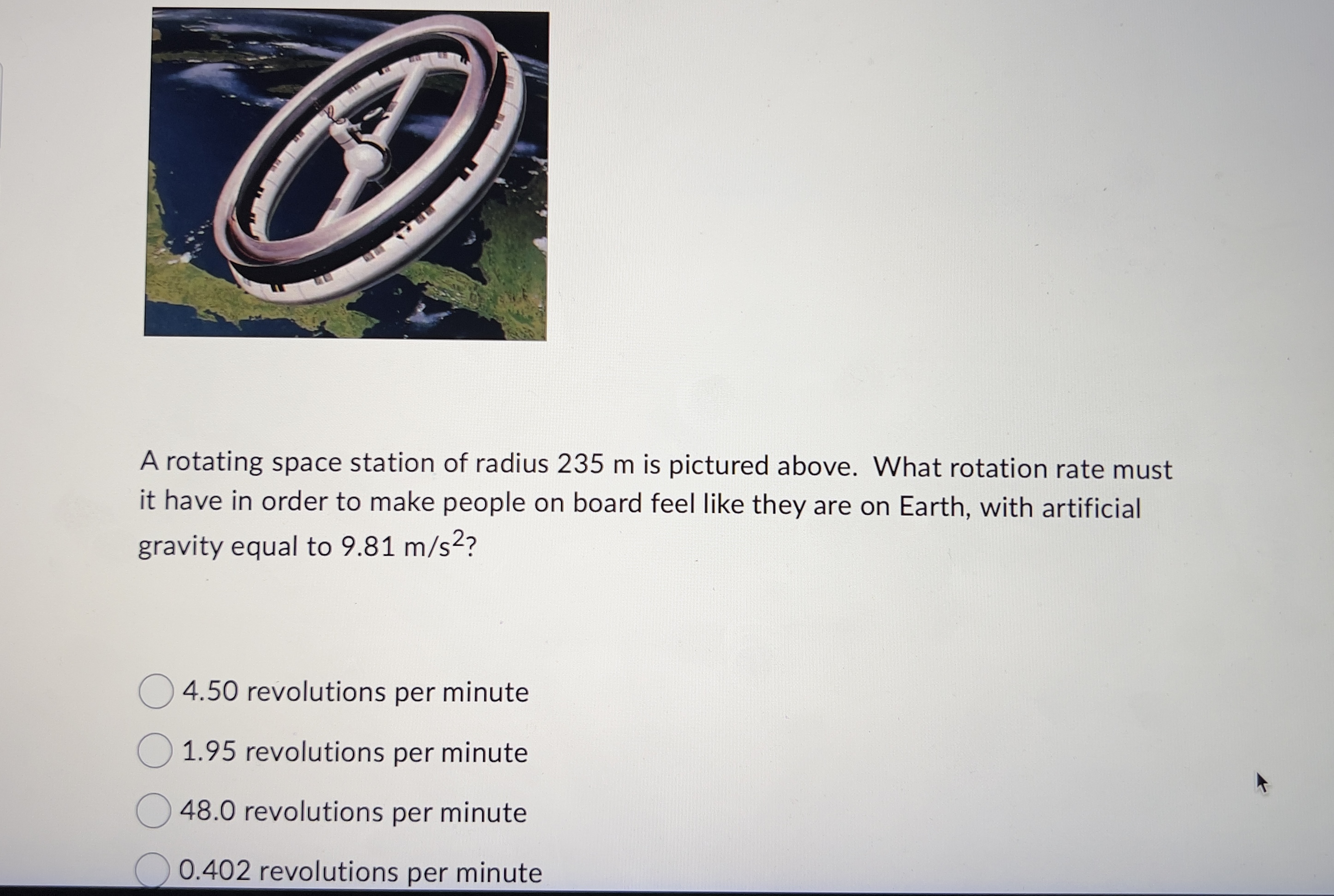 Solved A rotating space station of radius 235m ﻿is pictured | Chegg.com