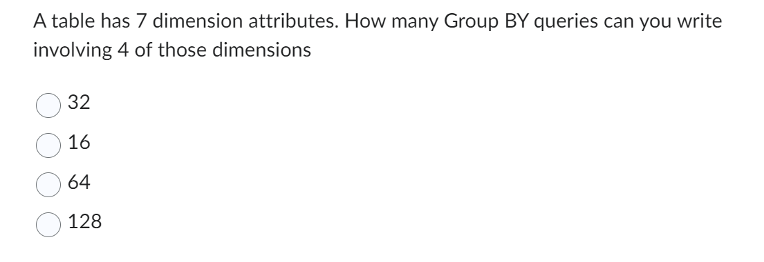 Solved A table has 7 ﻿dimension attributes. How many Group | Chegg.com