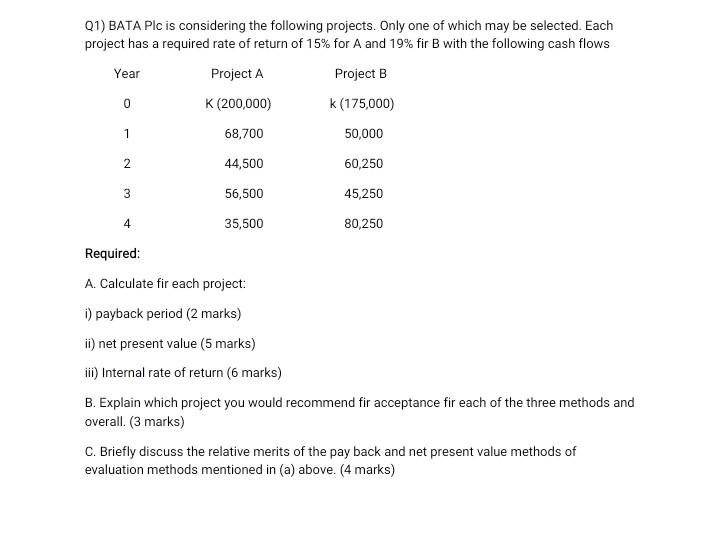Solved Q1) BATA PIc is considering the following projects. | Chegg.com