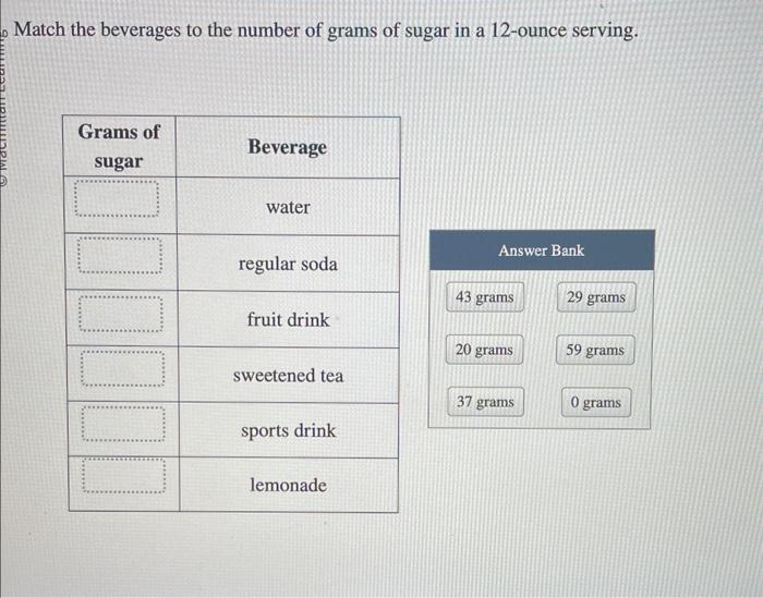 Solved Match the beverages to the number of grams of sugar | Chegg.com