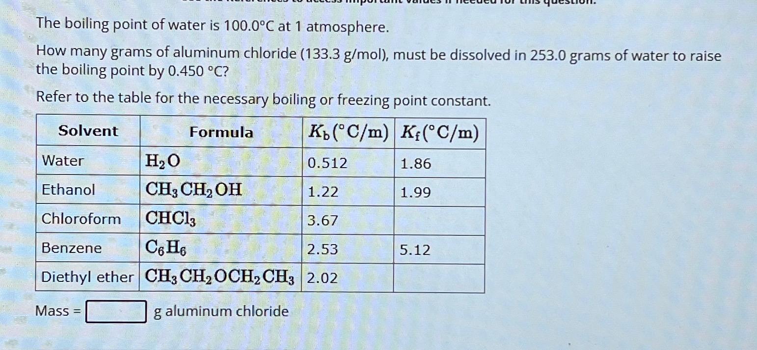 Solved The boiling point of water is 100.0°C ﻿at 1 | Chegg.com