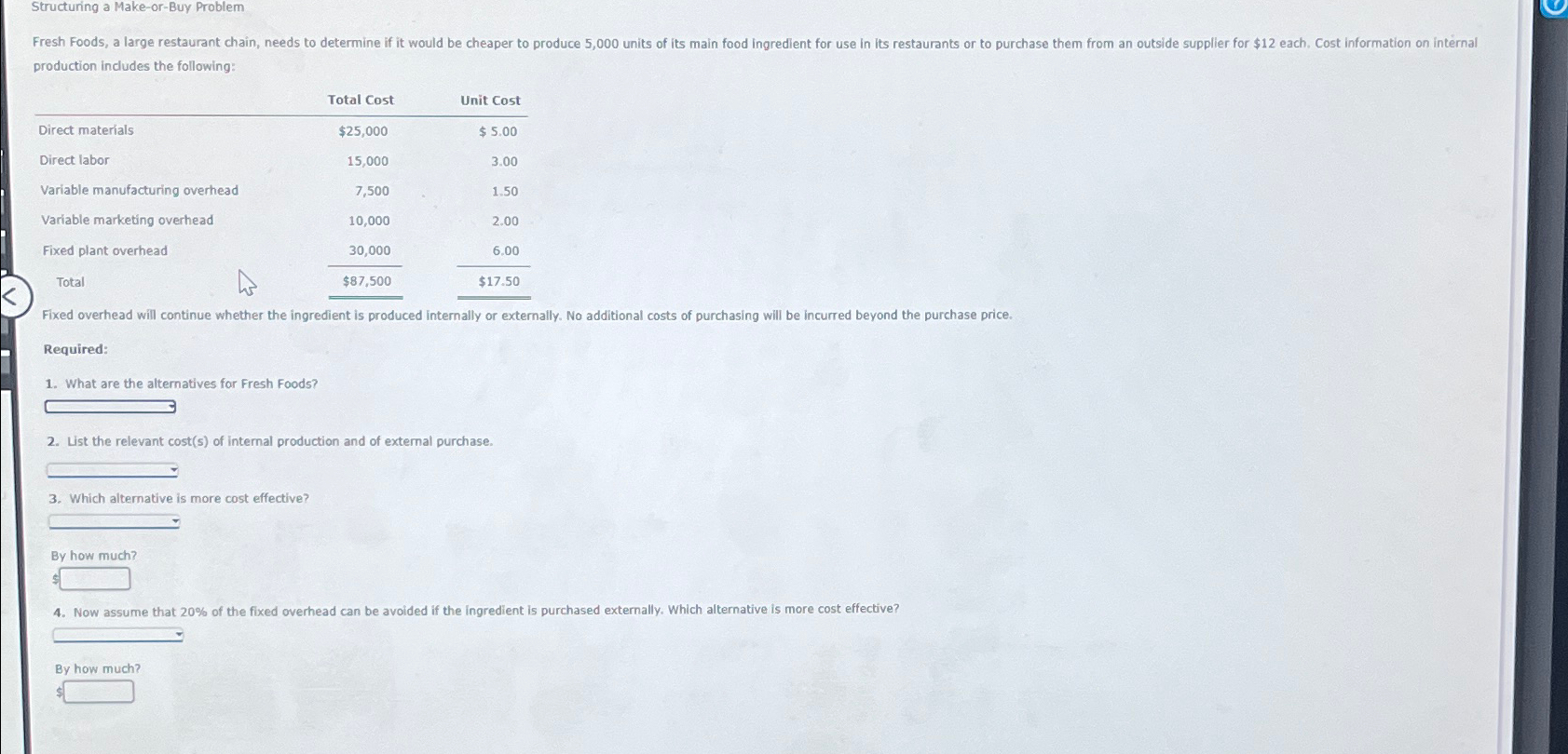 Solved Structuring a Make-or-Buy Problem production includes | Chegg.com