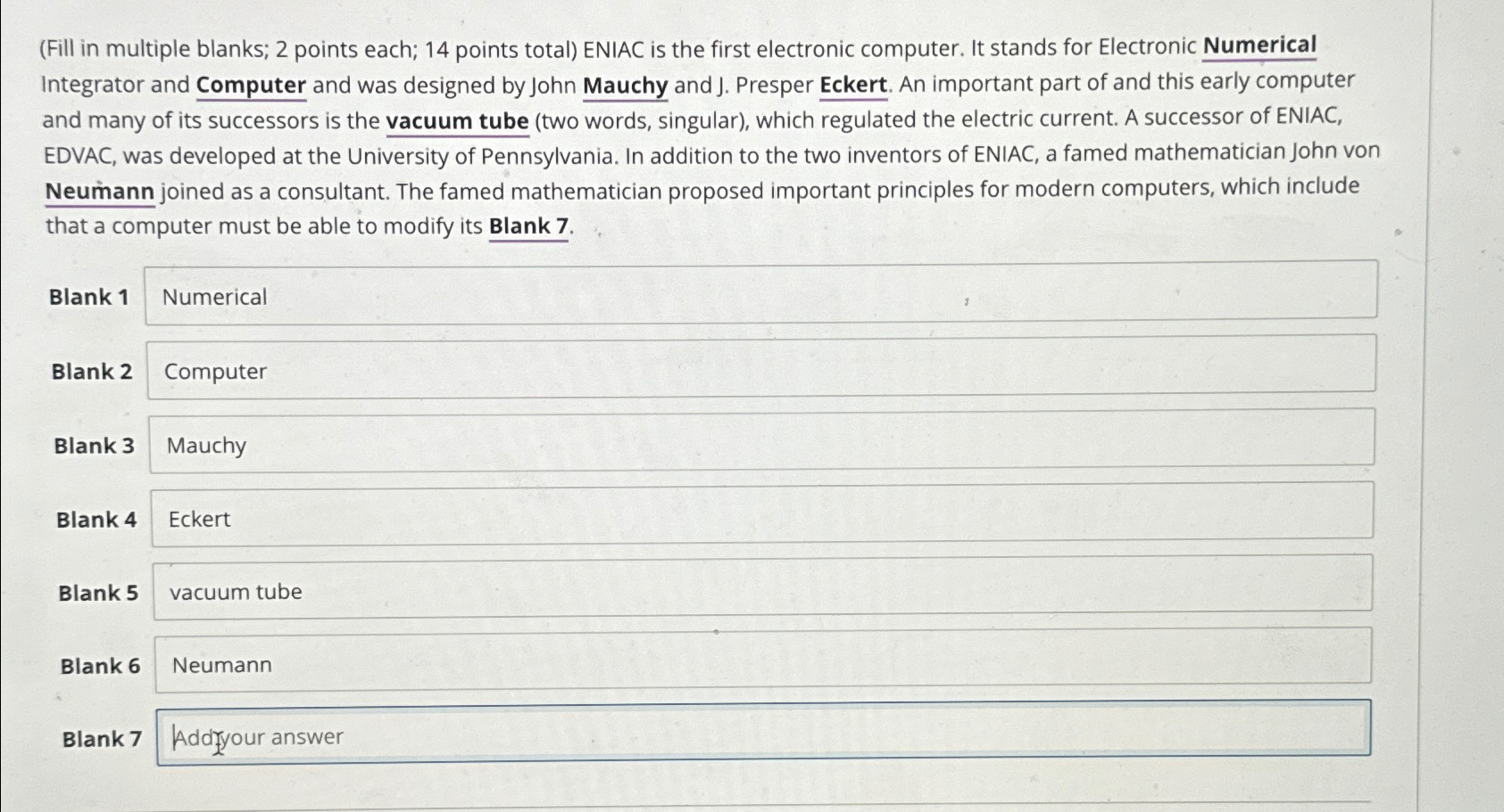 Solved (Fill in multiple blanks; 2 ﻿points each; 14 ﻿points | Chegg.com