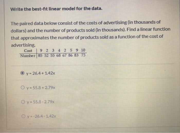 Solved Write The Best Fit Linear Model For The Data The