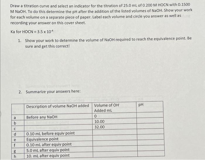 Solved Draw a titration curve and select an indicator for | Chegg.com