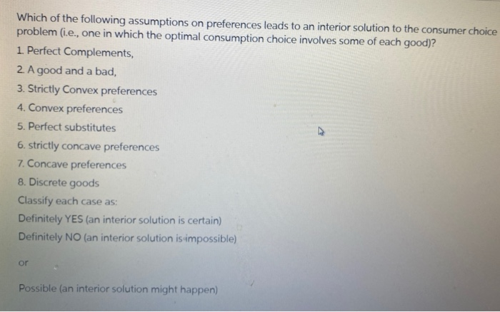 Solved Which of the following assumptions on preferences | Chegg.com