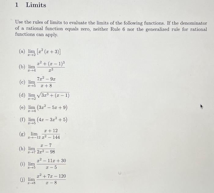 1 Limits Use the rules of limits to evaluate the | Chegg.com