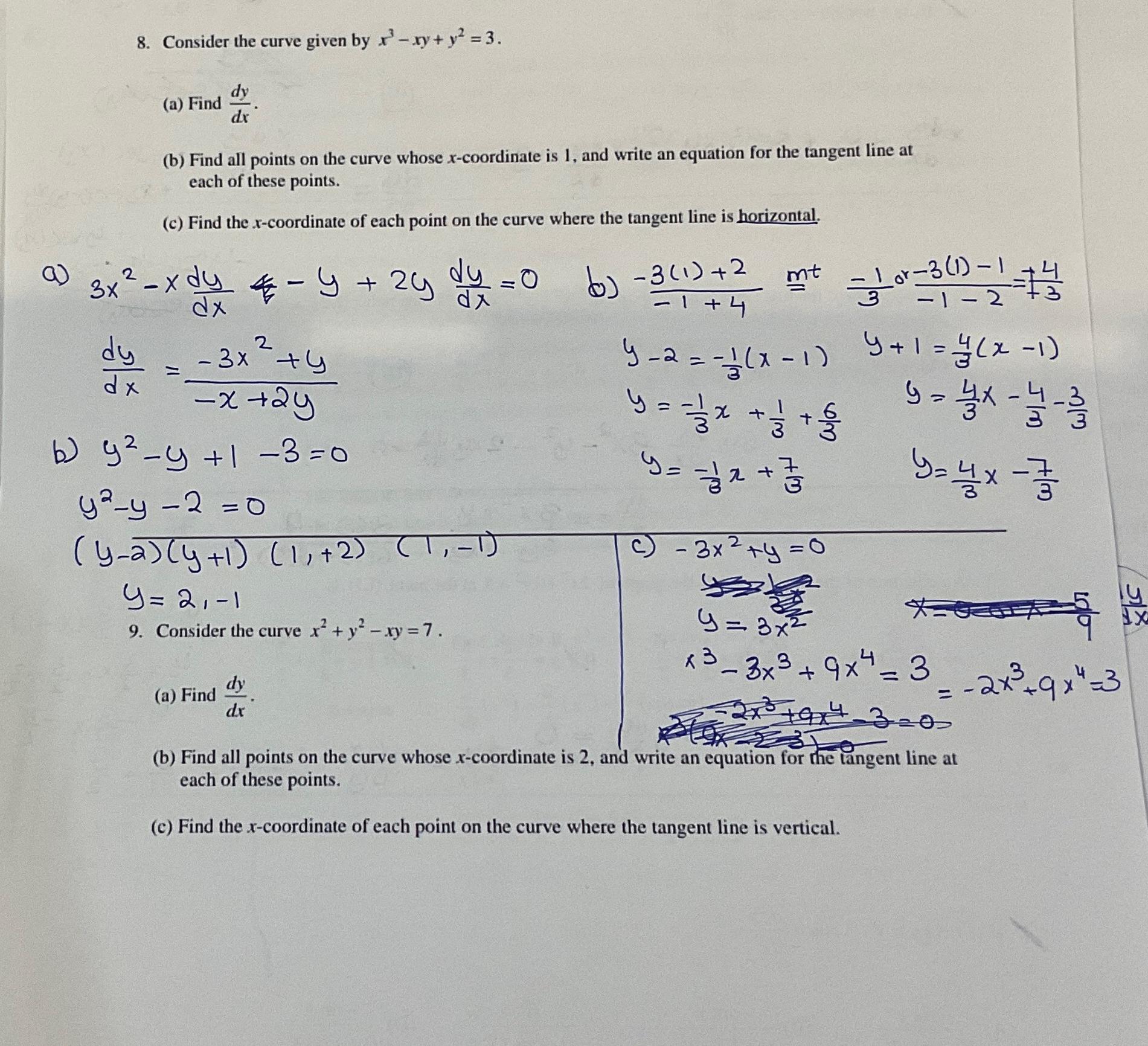 Solved Consider the curve given by x3-xy+y2=3.(a) ﻿Find | Chegg.com