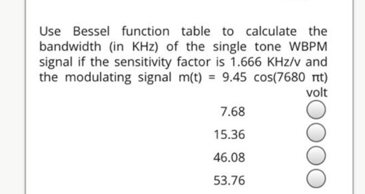 Solved Use Bessel function table to calculate the bandwidth | Chegg.com