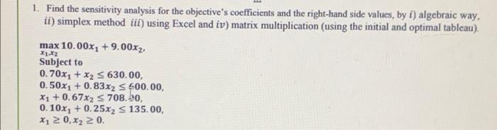 Solved 1. Find the sensitivity analysis for the objective's | Chegg.com