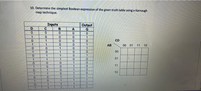 Solved 10. Determine the simplest Boolean expression of the | Chegg.com