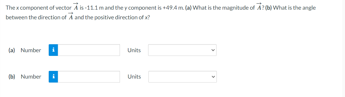Solved The x ﻿component of vector vec(A) ﻿is -11.1m ﻿and the | Chegg.com