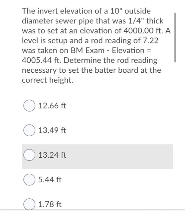 Solved The invert elevation of a 10" outside diameter sewer | Chegg.com
