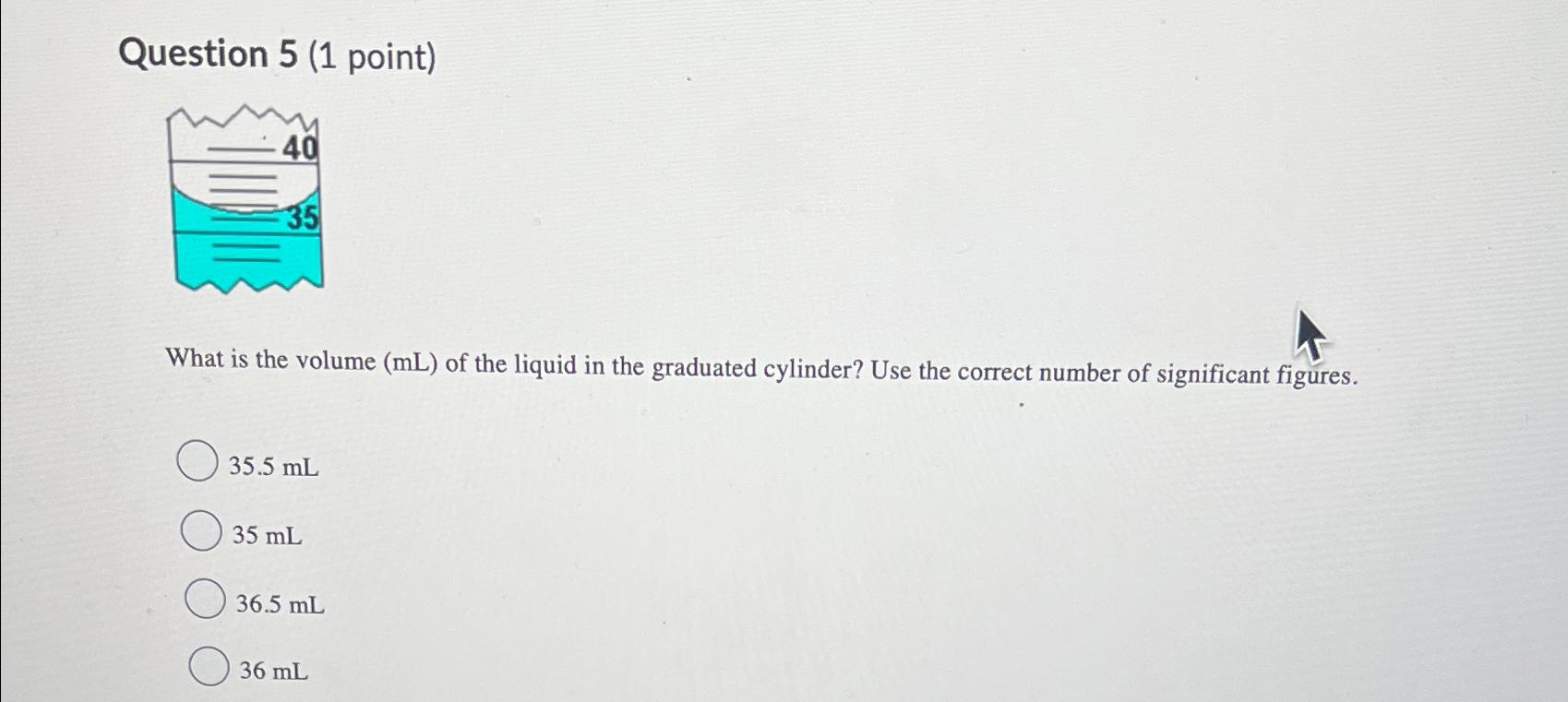 Solved Question 5 (1 ﻿point)What is the volume ( mL ) ﻿of | Chegg.com