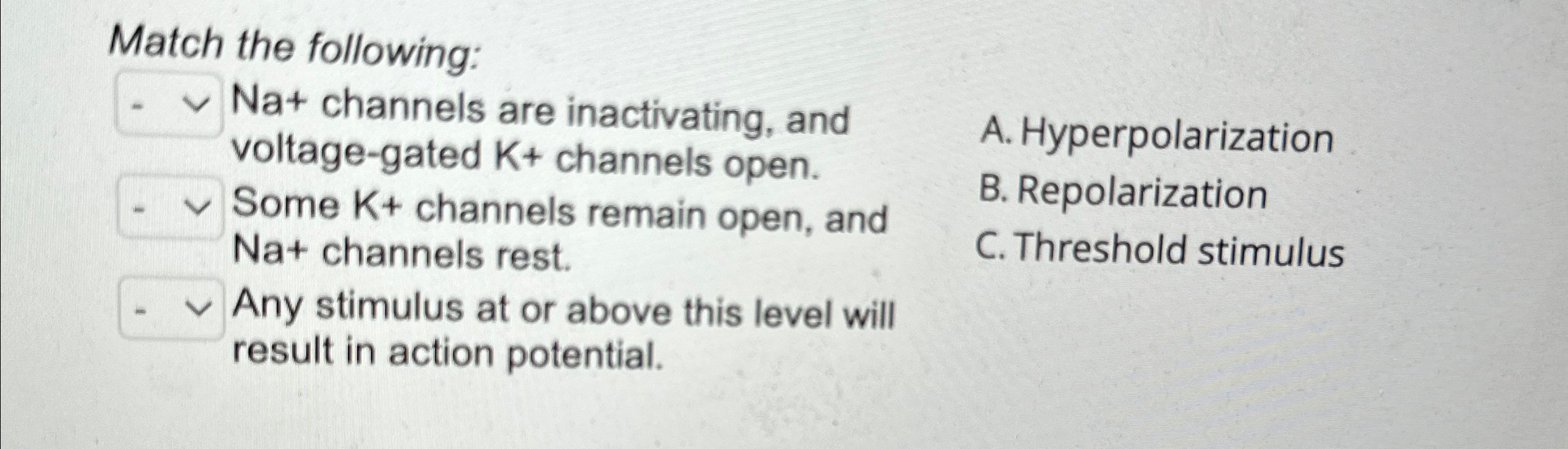 Solved Match the following: Na+ ﻿channels are inactivating, | Chegg.com