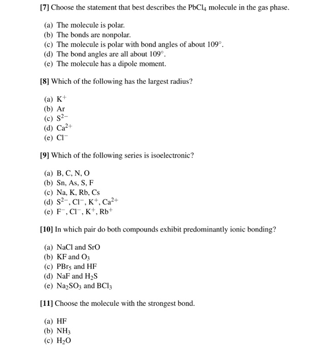 Solved 7] Choose the statement that best describes the PbCl4 | Chegg.com