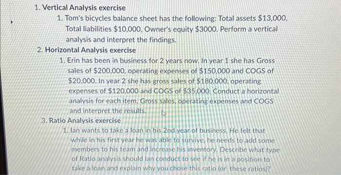 Solved 1. Vertical Analysis exercise 1. Tom's bicycles | Chegg.com