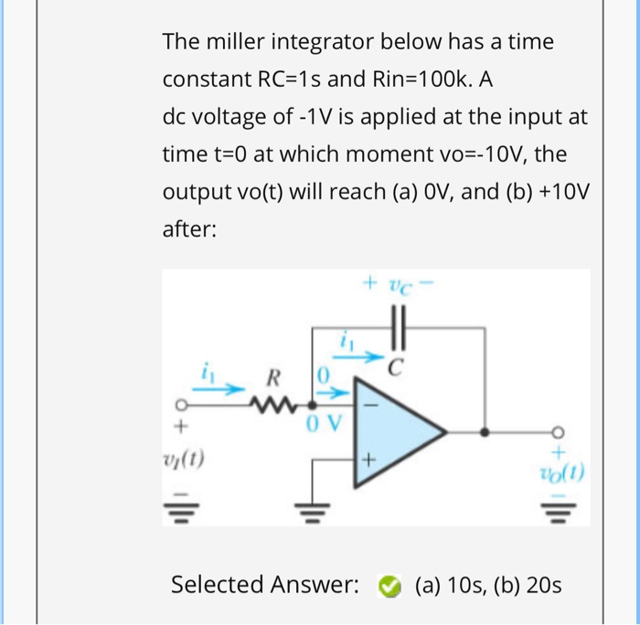 Solved The miller integrator below has a time constant RC=1s | Chegg.com