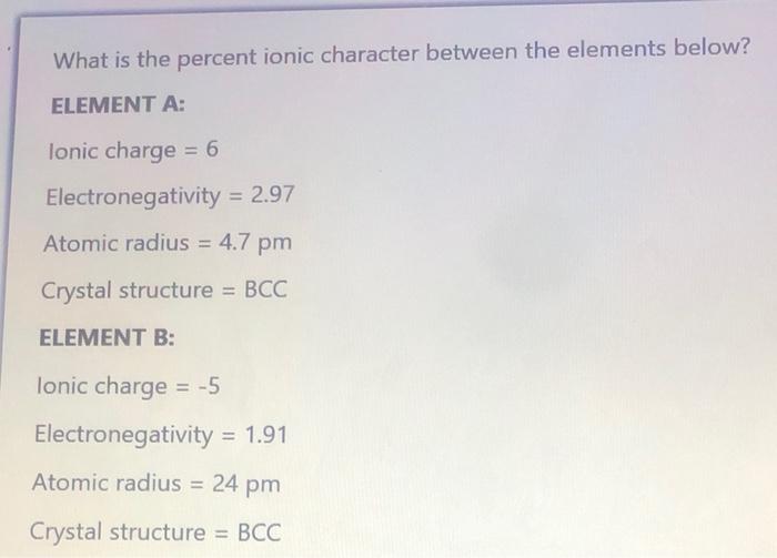 Solved What is the percent ionic character between the | Chegg.com