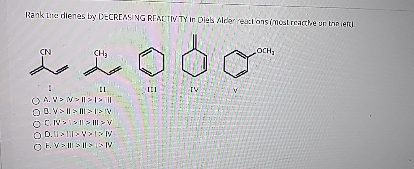 Solved Rank the dienes by DECREASING REACTIVITY in | Chegg.com
