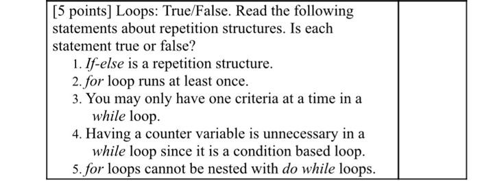 Solved [5 points] Loops: True/False. Read the following | Chegg.com