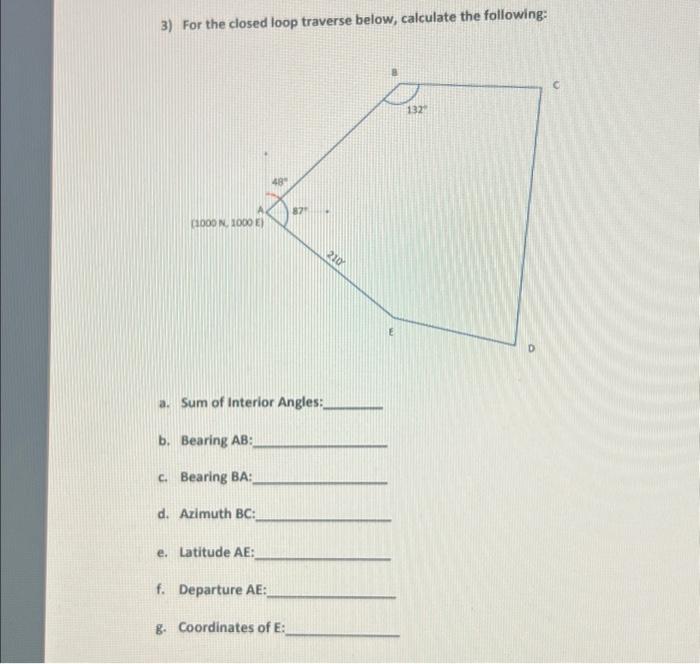 Solved 3) For the closed loop traverse below, calculate the | Chegg.com