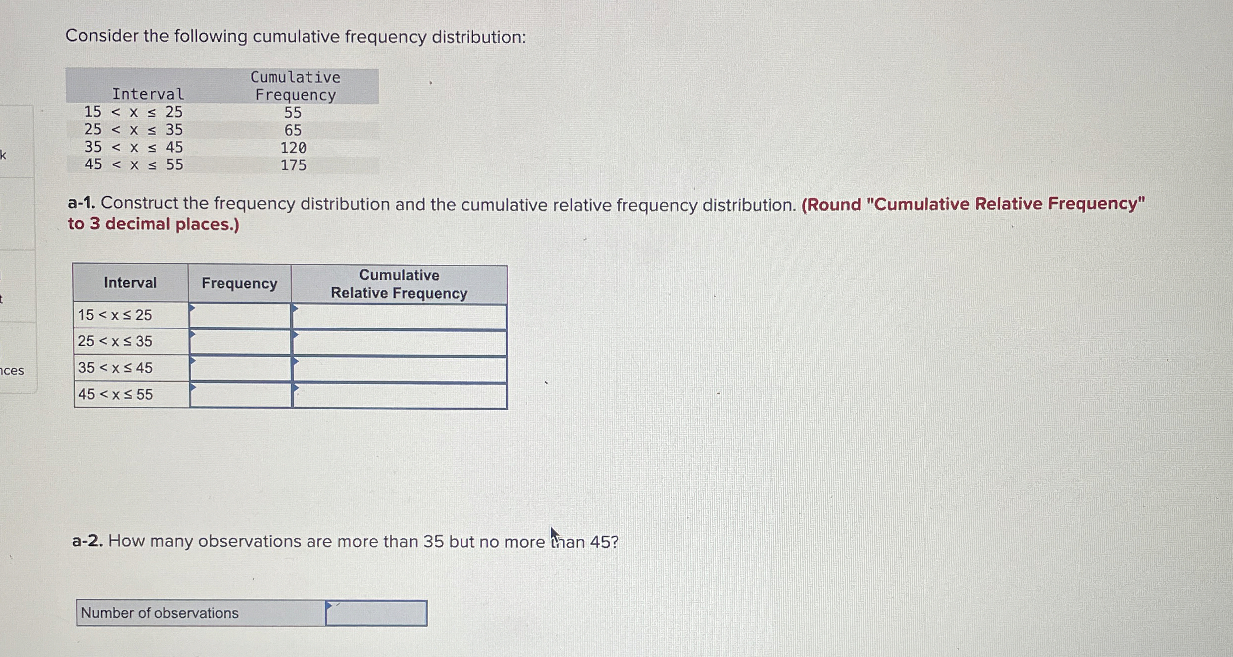 Solved Consider the following cumulative frequency | Chegg.com