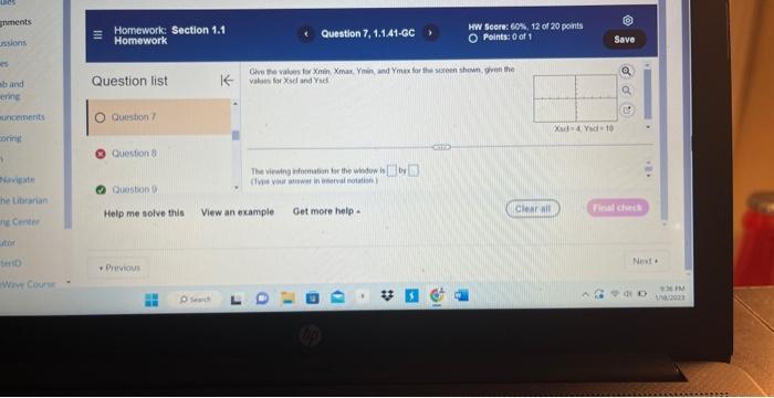 Che Fro values for Xmin, Xmar. Ymin, and Ymax for the | Chegg.com