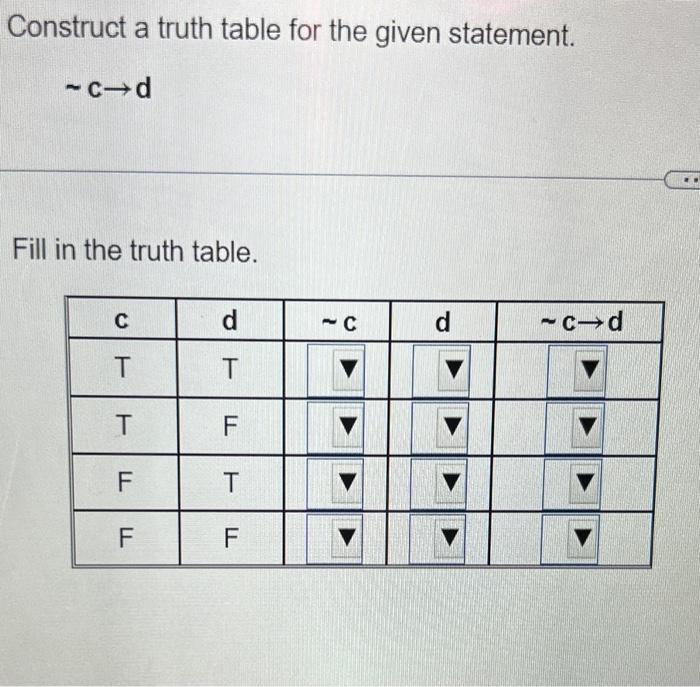 Solved Construct a truth table for the given statement. ∼c→d | Chegg.com