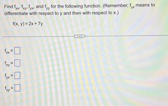 Solved Find Fxx Fxy Fyx And Fyy For The Following Function