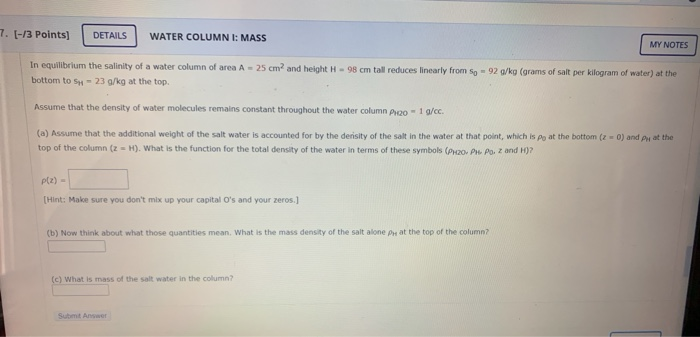 Solved 7. (-13 Points) DETAILS WATER COLUMN I: MASS MY NOTES | Chegg.com