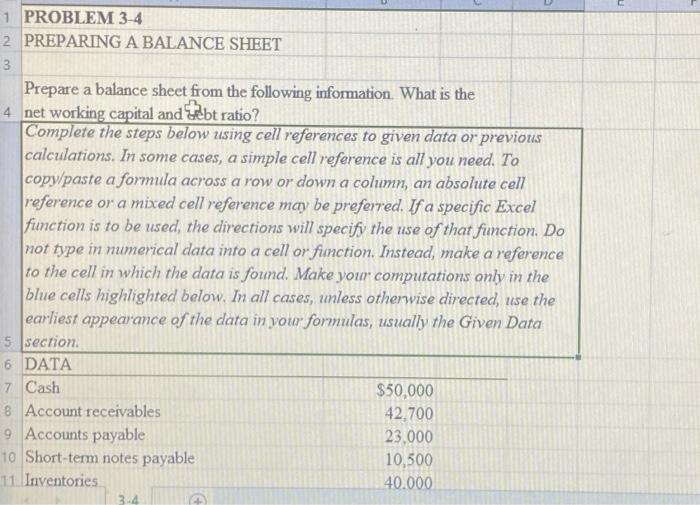 Solved PROBLEM 3-4 PREPARING A BALANCE SHEET Prepare a | Chegg.com