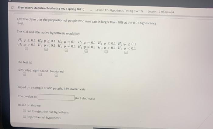 Solved Elementary Statistical Methods 402 / Spring 2021) - | Chegg.com