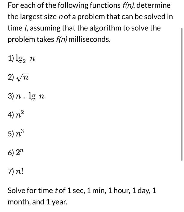 Solved For each of the following functions f(n), determine | Chegg.com