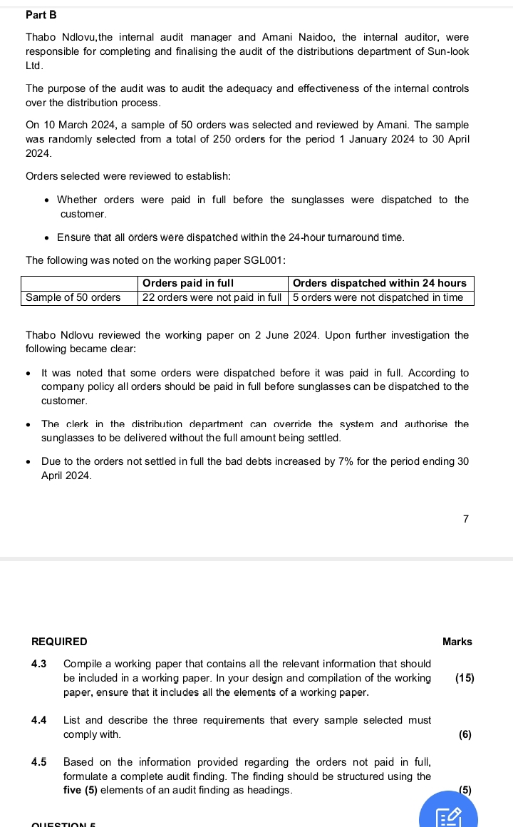 Solved Part BThabo Ndlovu,the internal audit manager and | Chegg.com