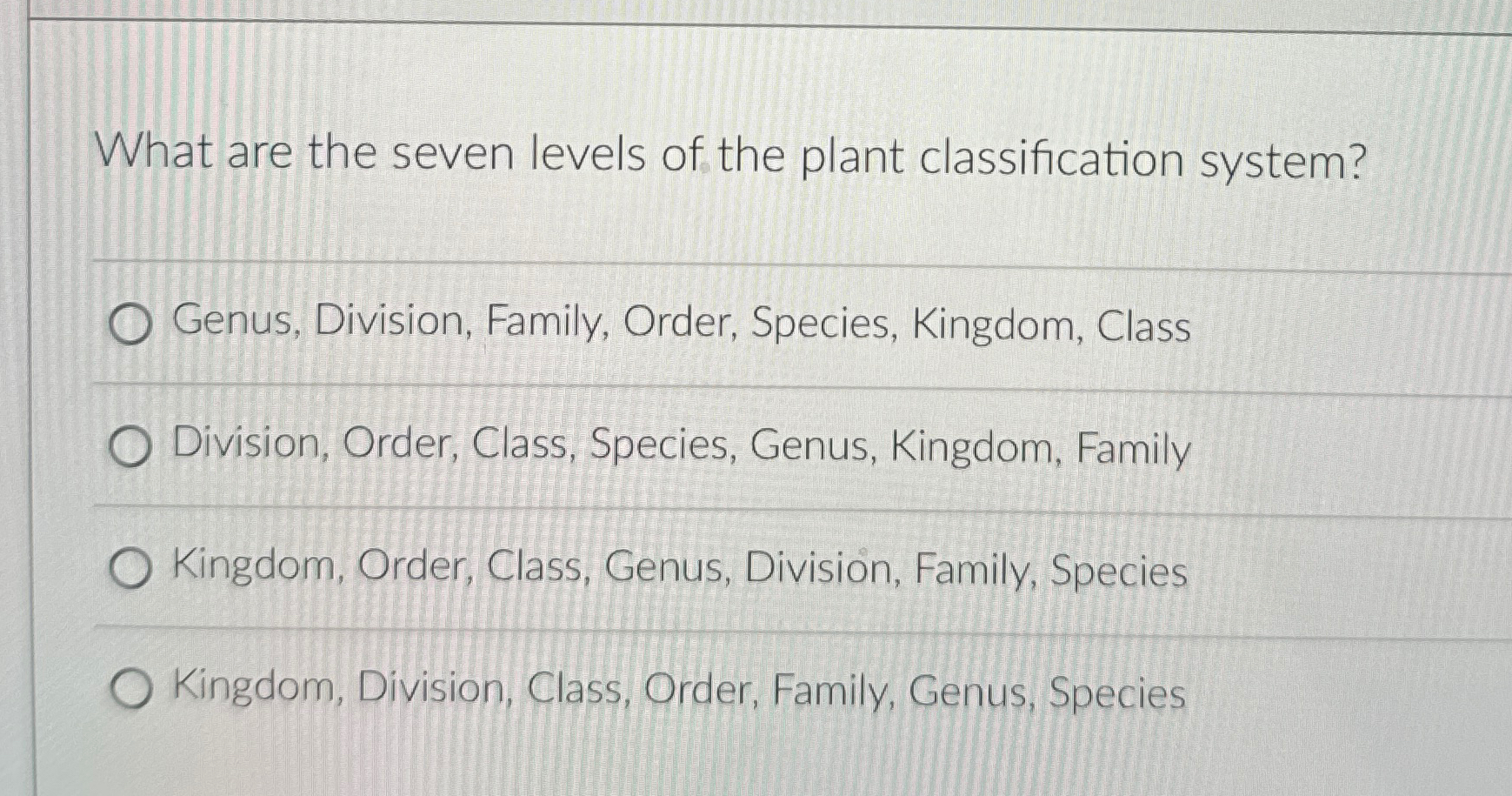 Solved What are the seven levels of the plant classification | Chegg.com